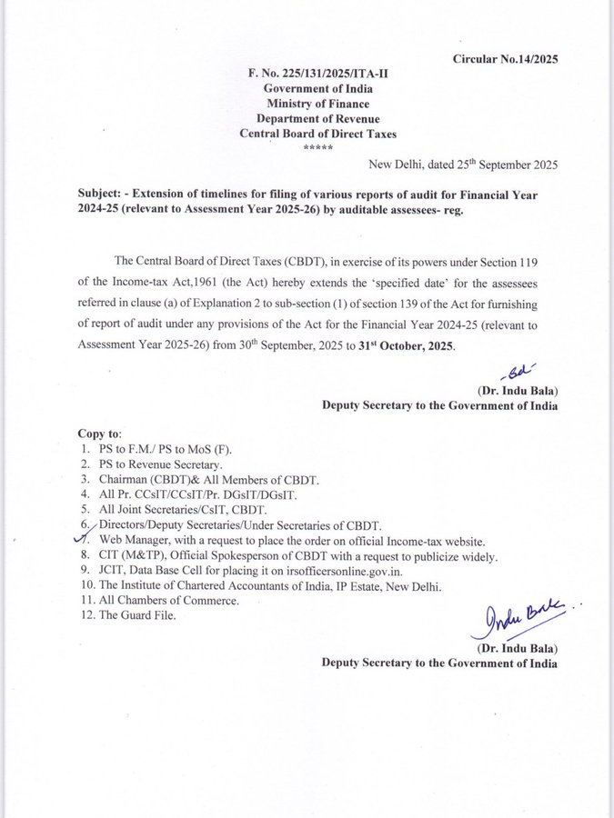CBDT Issues Circular for Tax Audit Deadline Extension for AY 2025-26